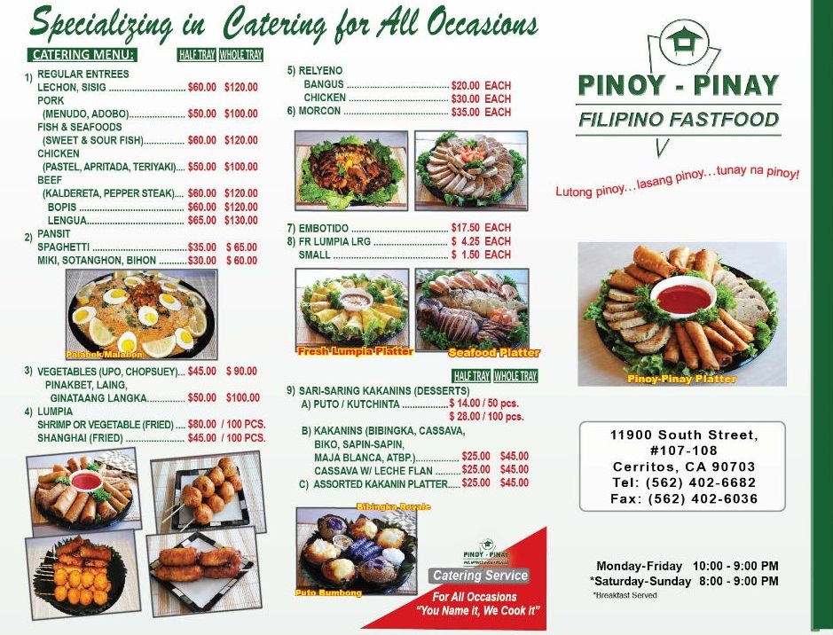 Full Menu Pinoy Pinay Filipino Fastfood Cerritos CA